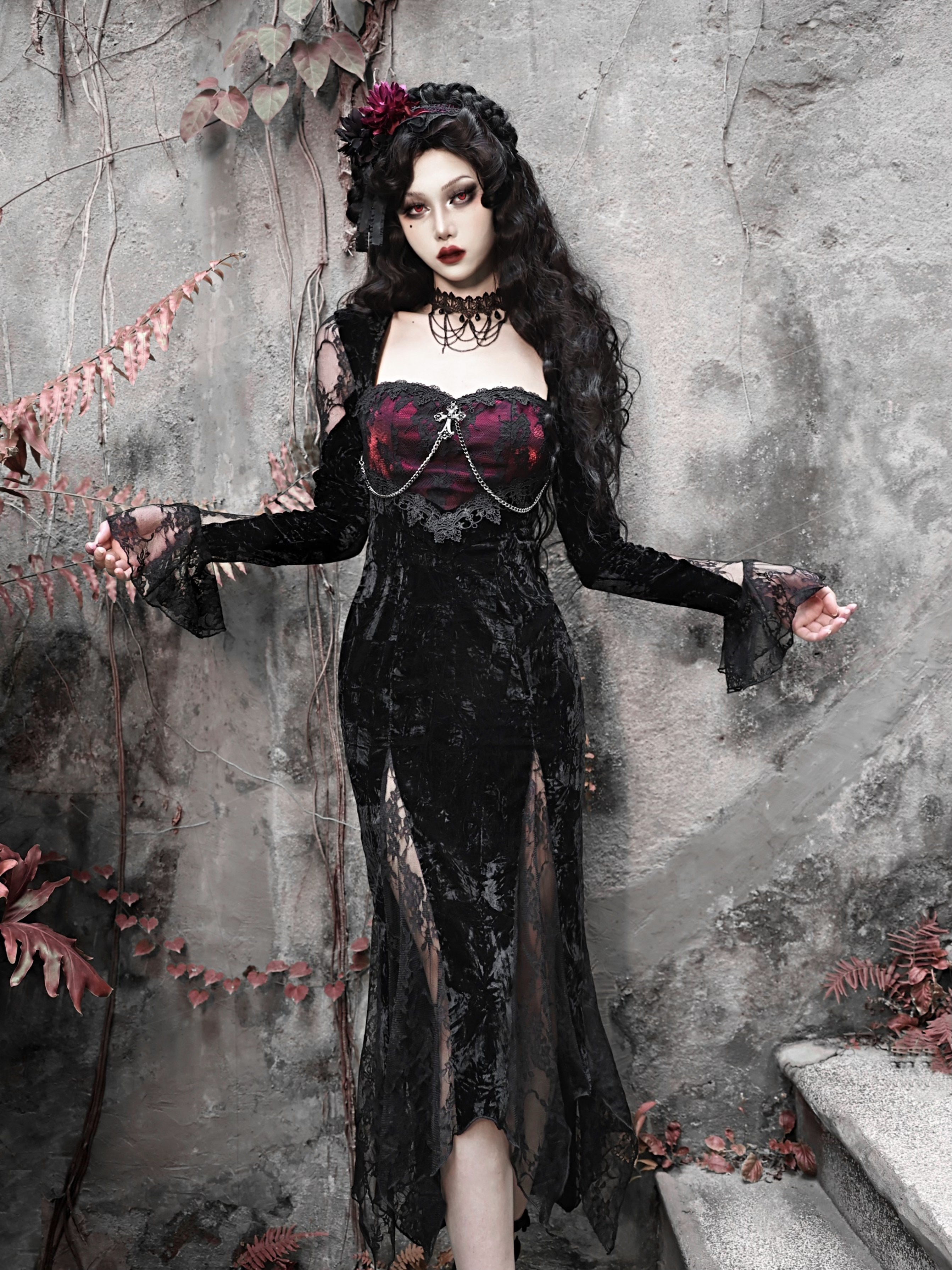 Blood Supply~Rose Cemetery~Gothic Lolita Dress Dark Red Velvet Mermaid ...