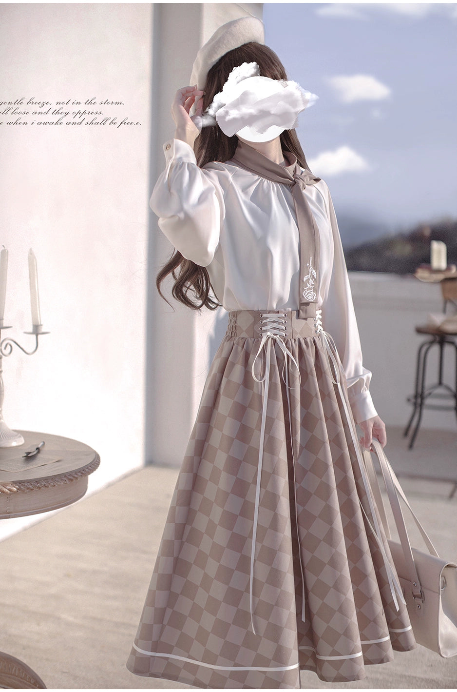 HuTaoMuJK~French Vintage Long Skirt Set Elegant Plaind Pattern