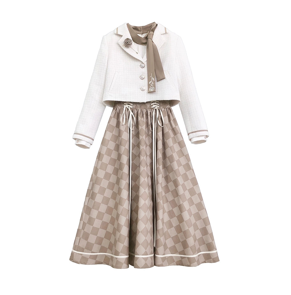 HuTaoMuJK~French Vintage Long Skirt Set Elegant Plaind Pattern