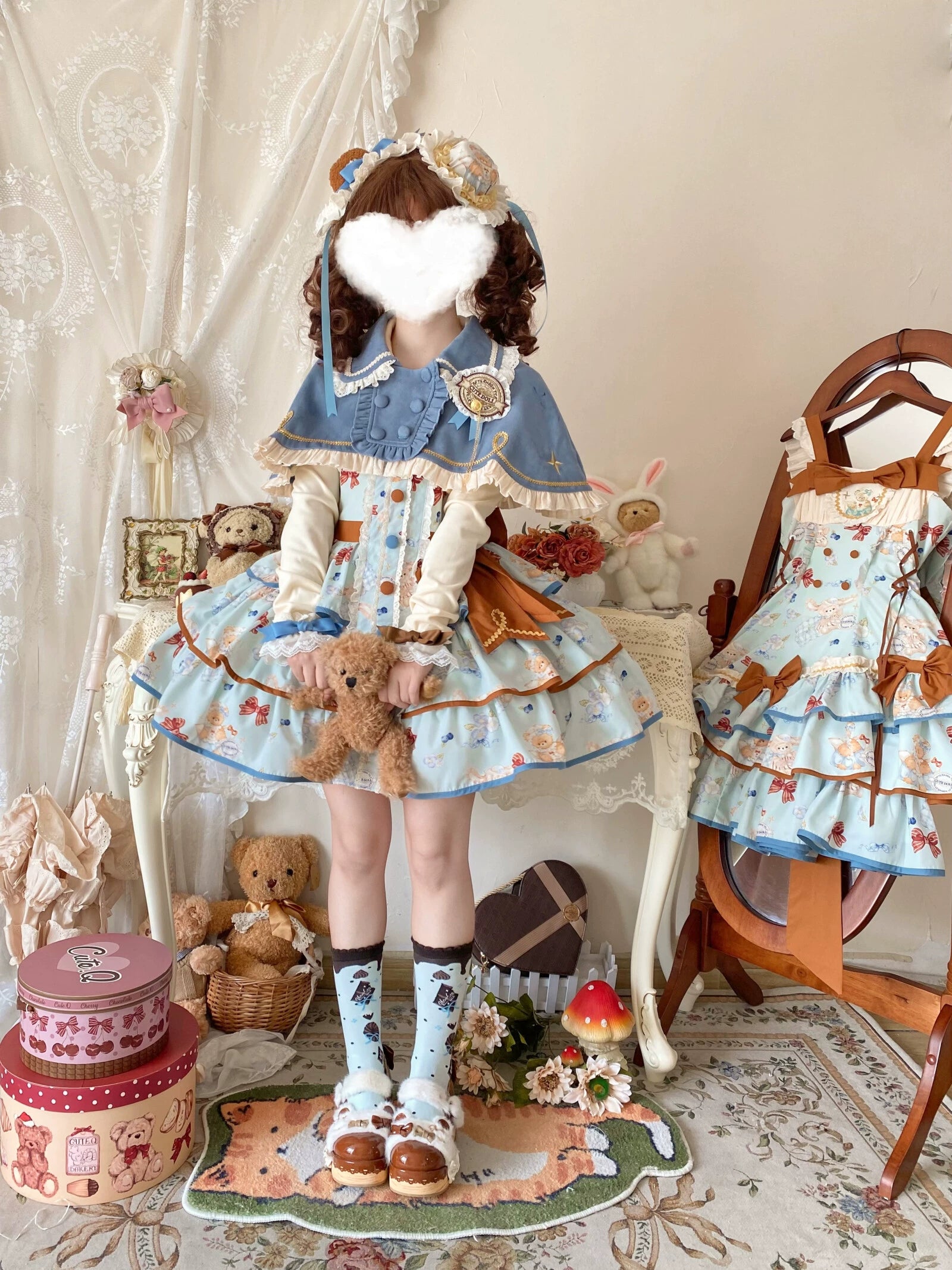 Cheese Mee Mee~Seaside Tea Party~Sweet Lolita Dress Cute Print JSK and Cape